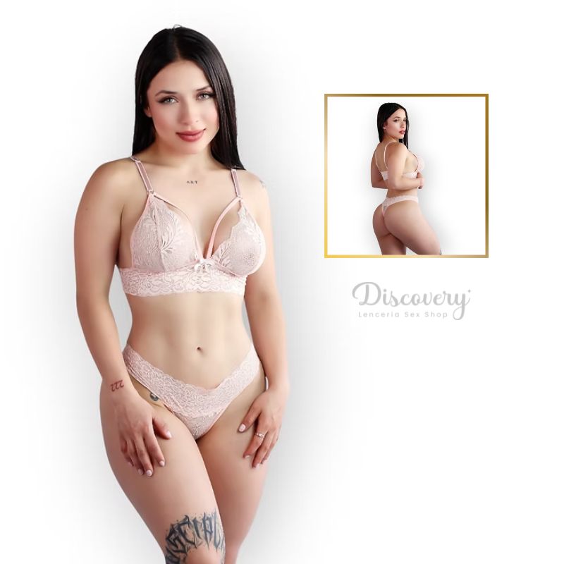 Conjunto De Lencería Rosado En Encaje Juliana Sexshop Juguetes Sexuales